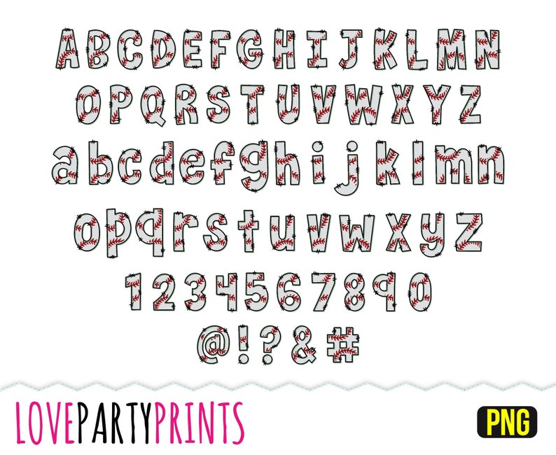 Baseball Letters Numbers Doodle PNG Font, Uppercase & Lowercase ...