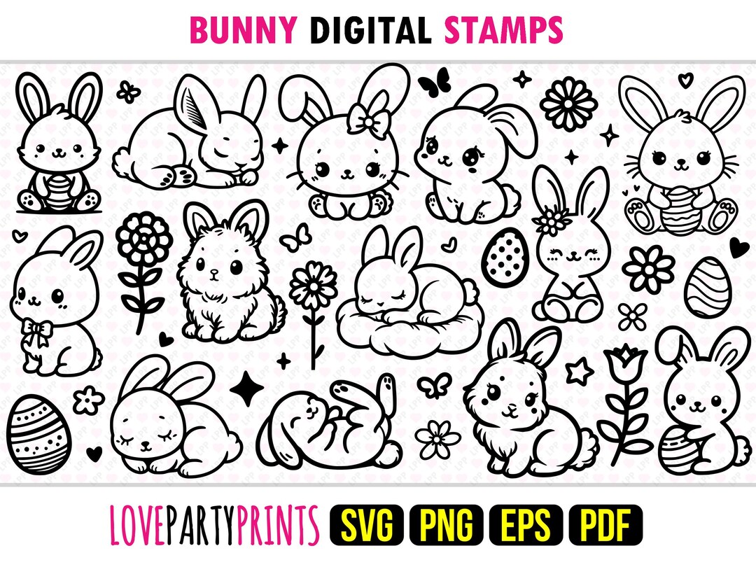 Bunny Digital Stamps, Cute Easter Bunnies Line Art Clipart Bundle ...