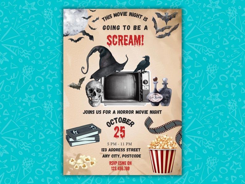 Movie Night Party Invitation Template | Editable Canva Cinema Birthday ...