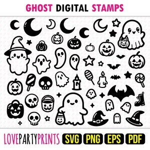 Halloween Ghosts Digital Stamps, 88 Line Art Clipart Bundle, Cute Ghost ...