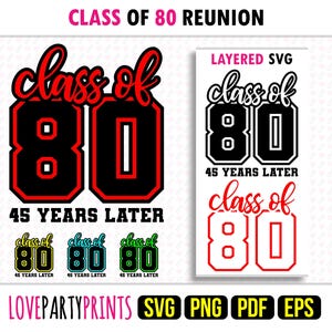 Reunion Class 80 SVG Png Pdf Eps, Class of 1980, 80s Graduate Senior ...