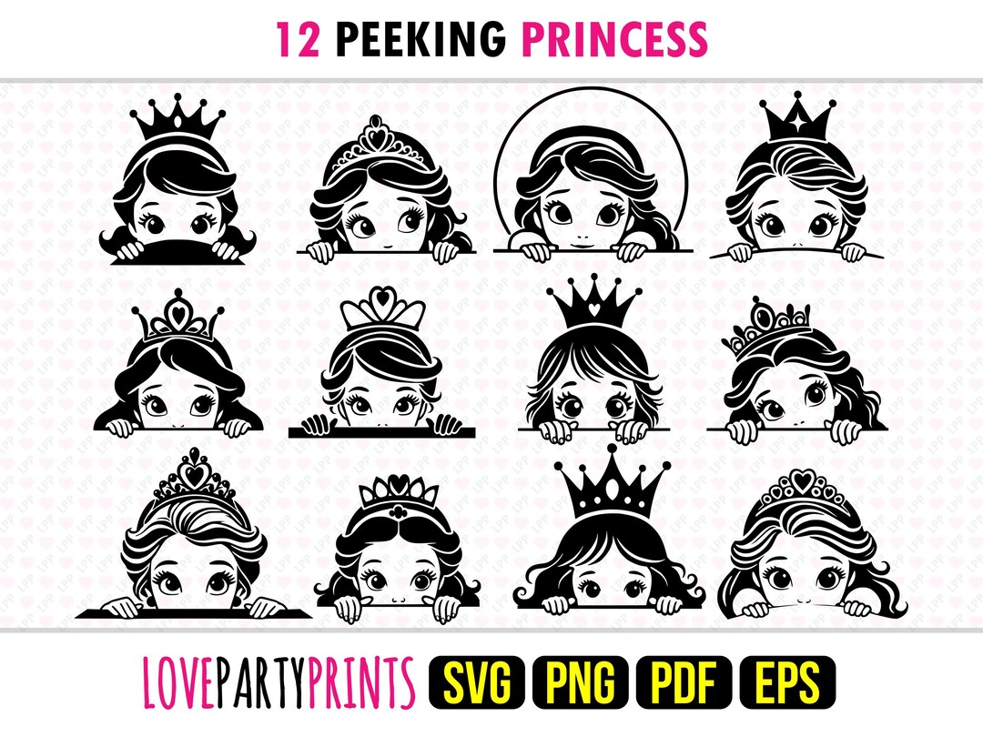 Peeking Princess Bundle, SVG, PNG, EPS, Pdf, 12 Machine Cut Laser Cnc Vector Graphic Print Dye ...