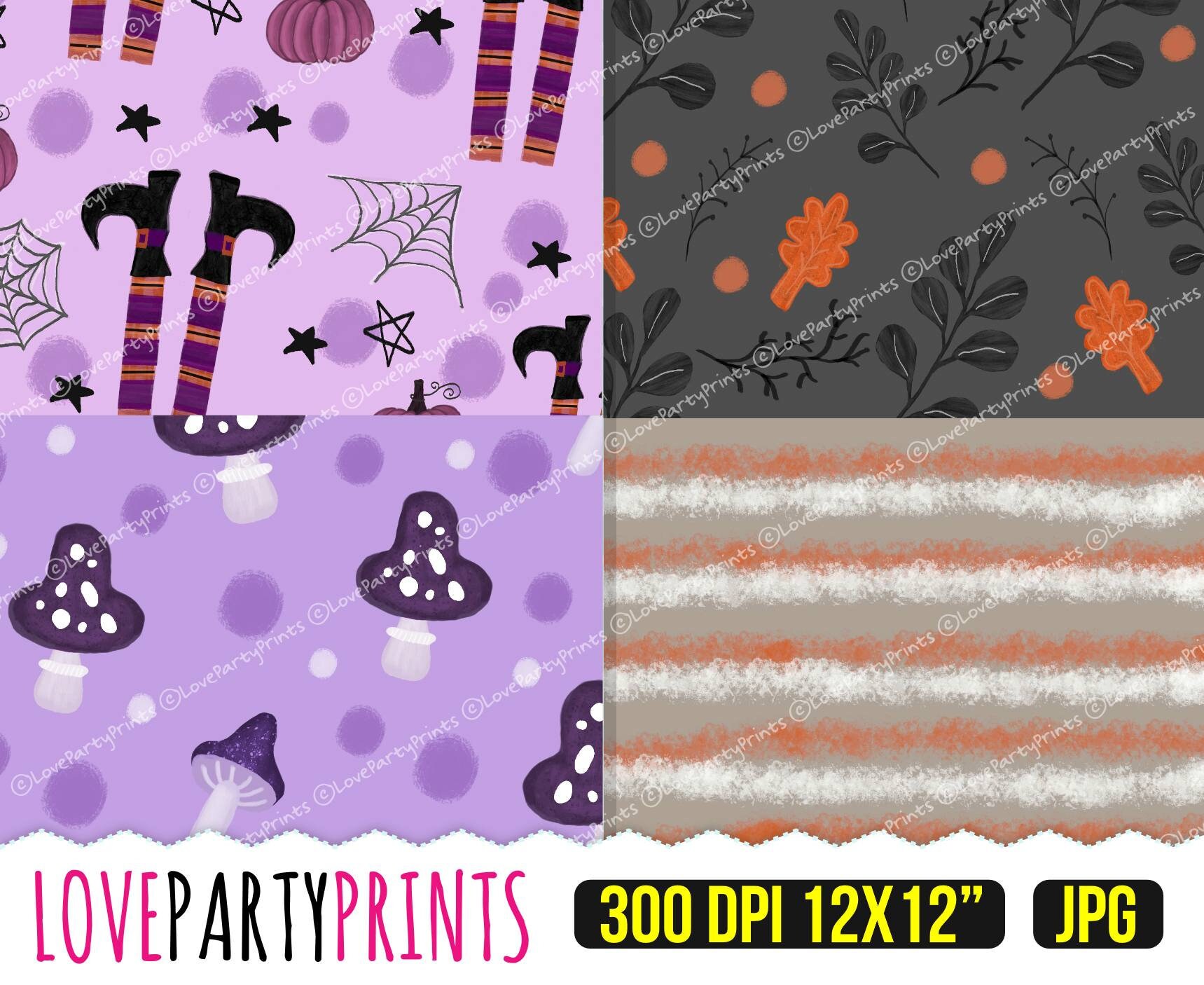 Halloween Digital Paper - Hand Drawn 12x12" 300dpi - Mushrooms ...