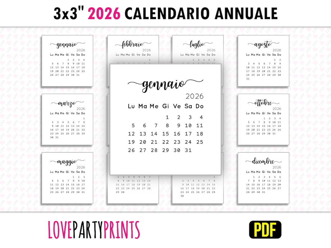 3x3 Mini Calendario 2026 Annuale Italian PDF Stampa in Formato A4 E ...