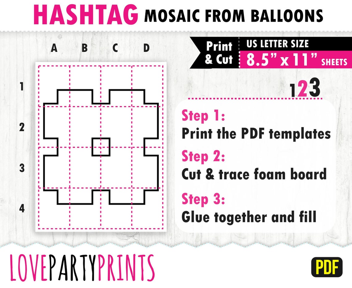 Hashtag Mosaic Balloon Frame Template PDF, 1ft, 2ft, 3ft, 4ft, 5ft, 6ft ...