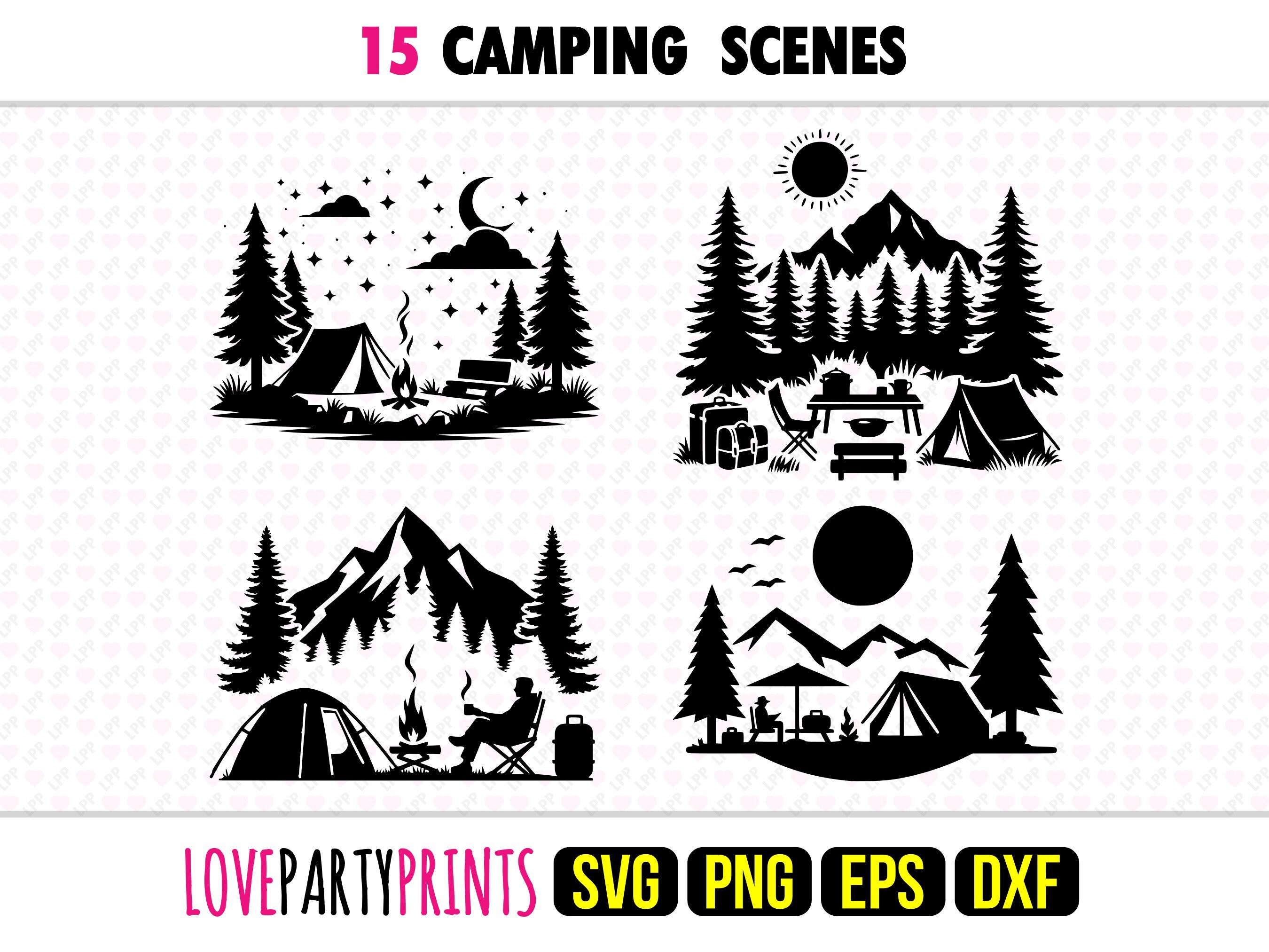 Camping Scene SVG Bundle, PNG, EPS, Dxf, Campfire Scenes, Mountain ...