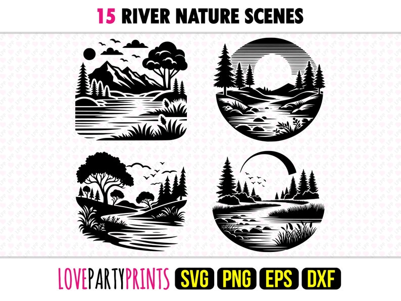 River Scene SVG Bundle, PNG, EPS, Dxf, Landscape Rivers Scenes, Nature ...