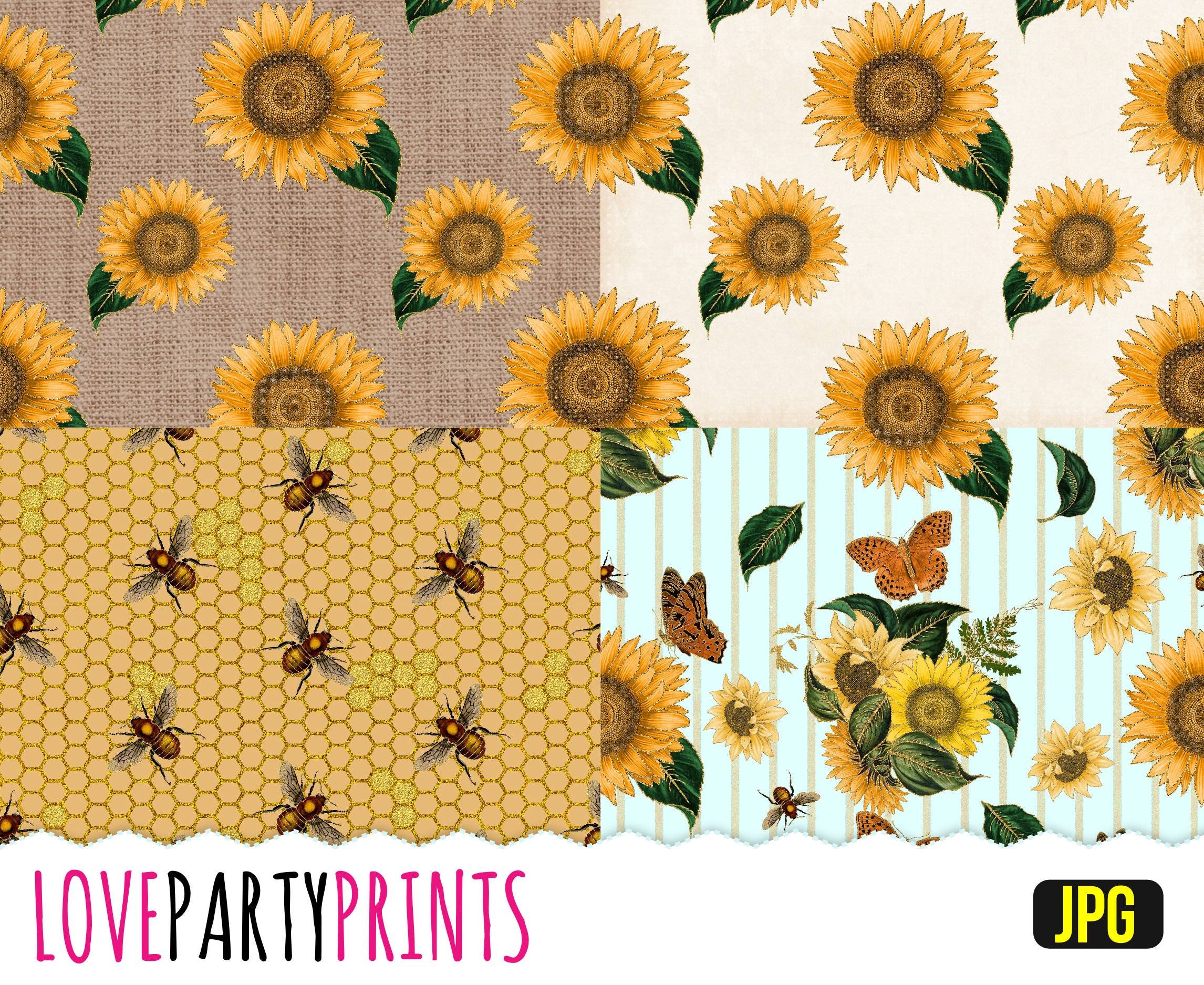 Sunflower Bee Patterns, Digital Paper Pack, Beehive Digital Paper ...