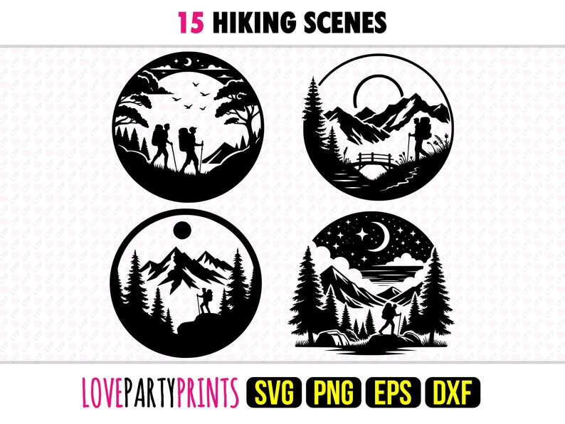 Hiking Scene SVG Bundle, PNG, EPS, Dxf, Outdoor Walking Scenes, Forest ...