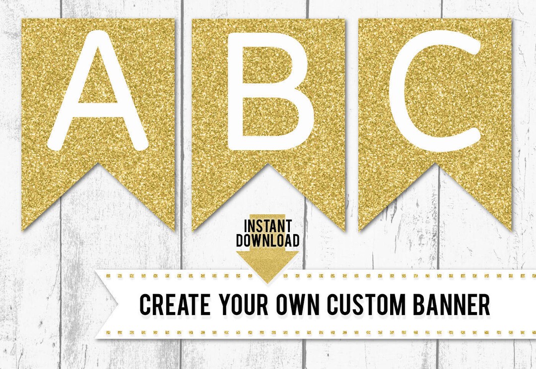 Gold Glitter Pennant Banner, Full Alphabet, Numbers, Instant Download ...