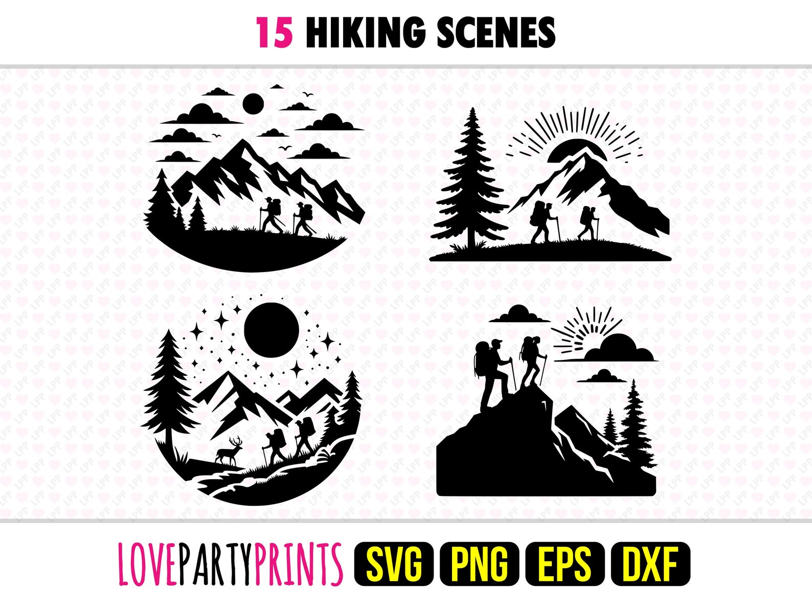 Hiking Scene SVG Bundle, PNG, EPS, Dxf, Outdoor Walking Scenes, Forest ...