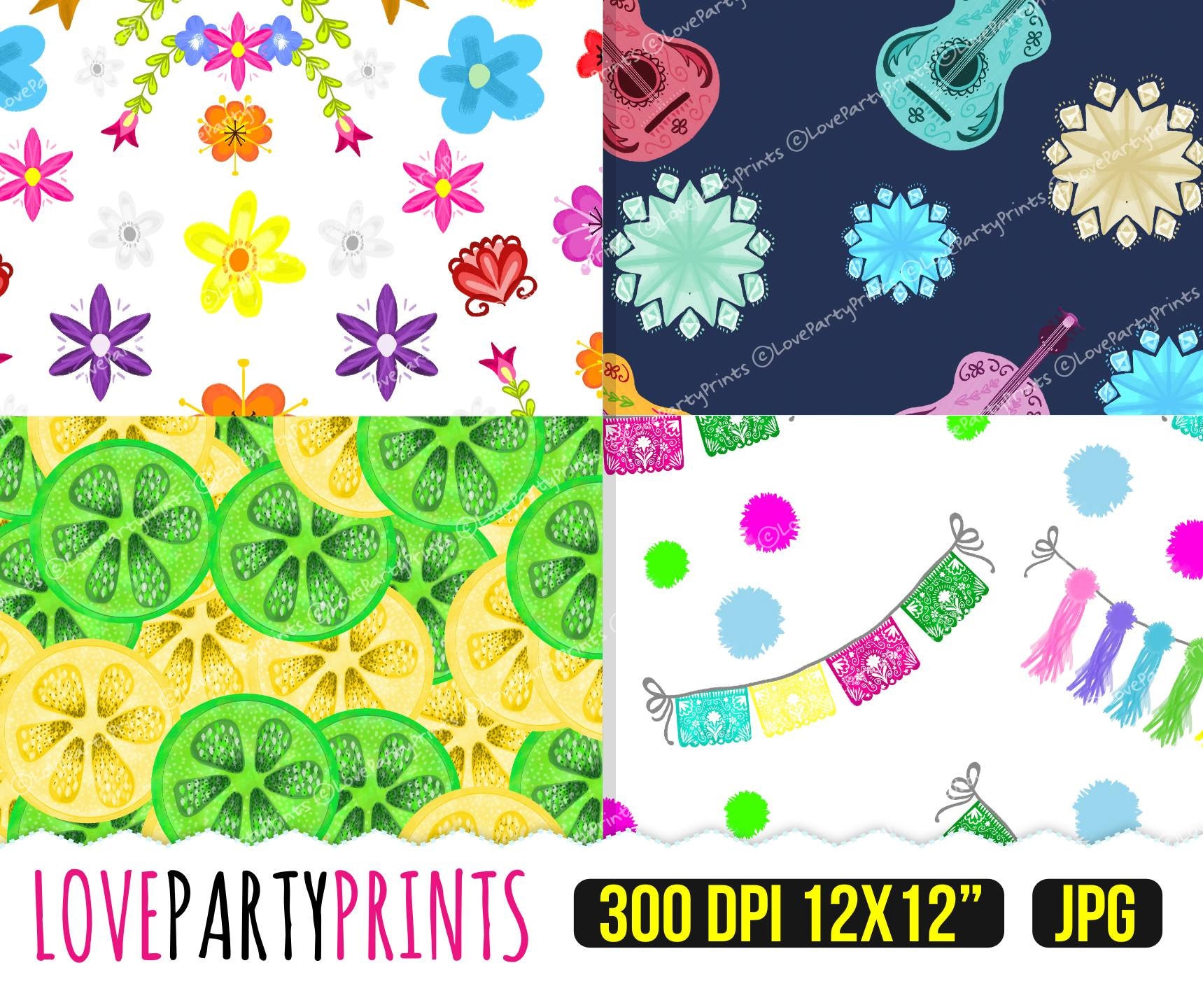 Fiesta Digital Paper, Seamless Patterns, Hand Drawn 12x12" 300dpi, (DP7 ...