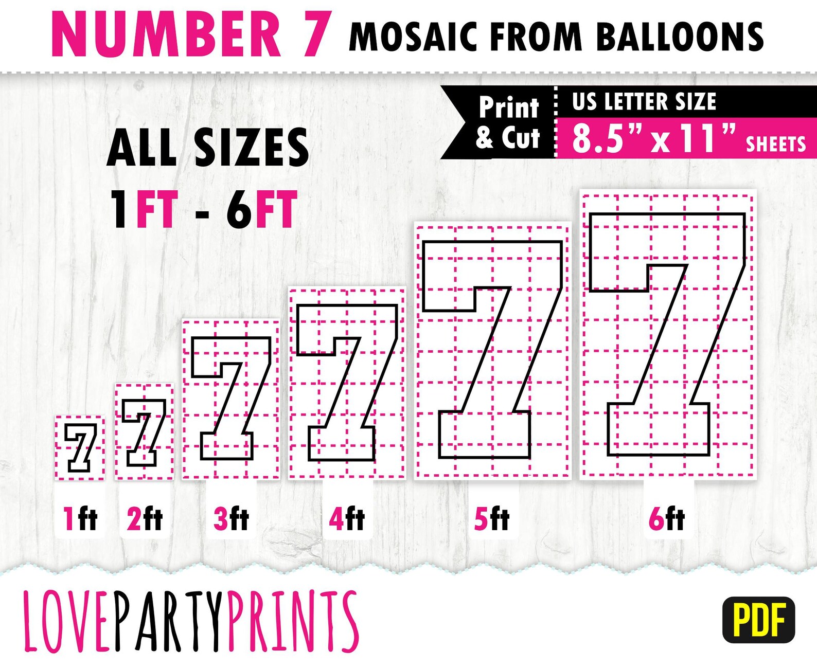 Square Number 7, Mosaic From Balloons, 1ft, 2ft, 3ft, 4ft, 5ft, 6ft ...