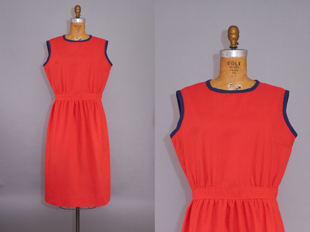 60s Mod Red Cotton Sheath Dress - Navy Ringer, Large - Summer to Autumn Chic - Etsy