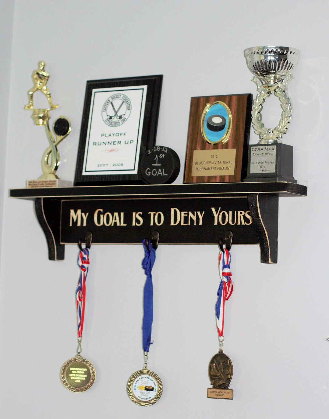 Hockey Goalie Trophy Shelf: Distressed Wood With Bronze Hooks - Etsy