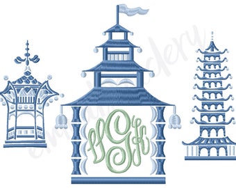 Pagoda Embroidery Design Monogram Pavilion Chinoiserie Chic - Etsy