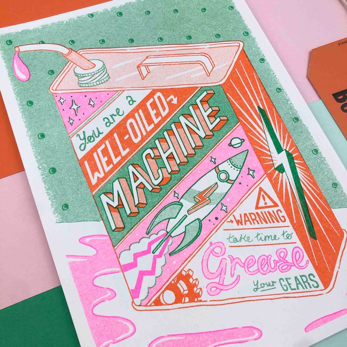 A5 Grease Your Gears Risograph Print, Oil Can Wall Art - Etsy UK