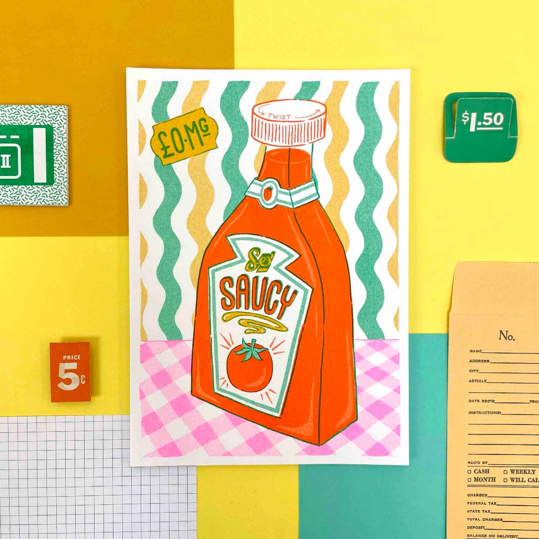 A5 'so Saucy' Illustrated Sauce Bottle Risograph Print - Etsy