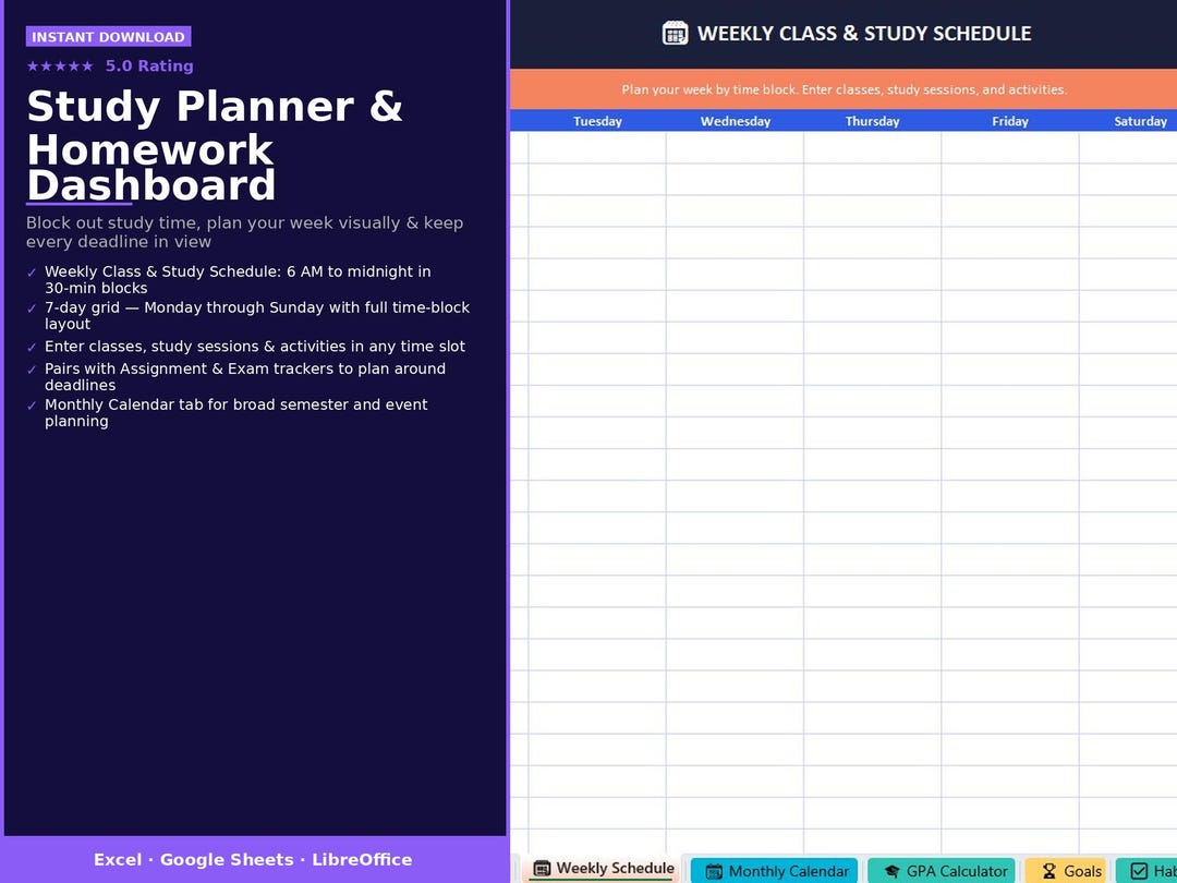 Study Planner Spreadsheet | Student Homework Tracker | Assignment ...