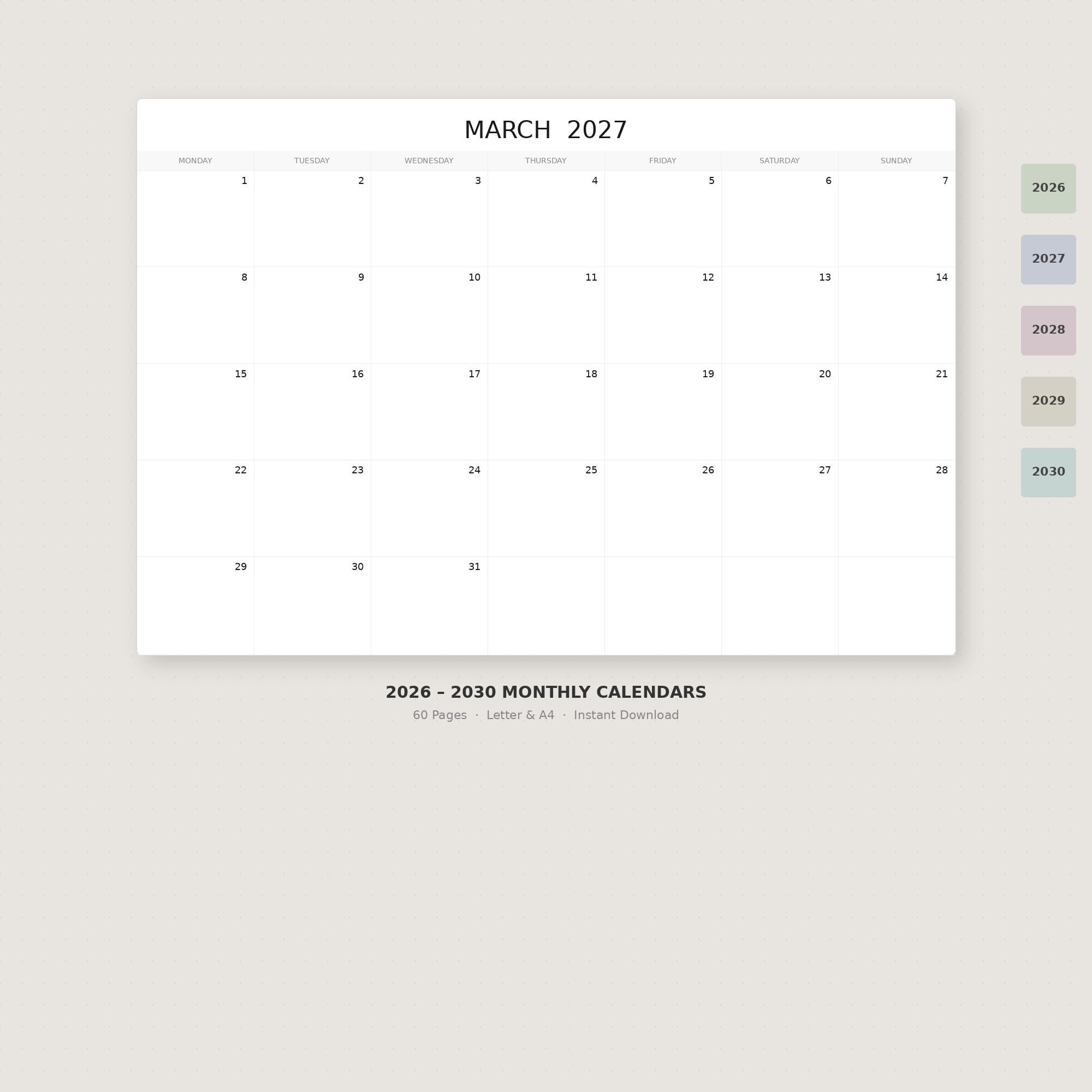 2026-2030 Monthly Calendar Printable PDF | 5 Year Planner | Letter A4 ...