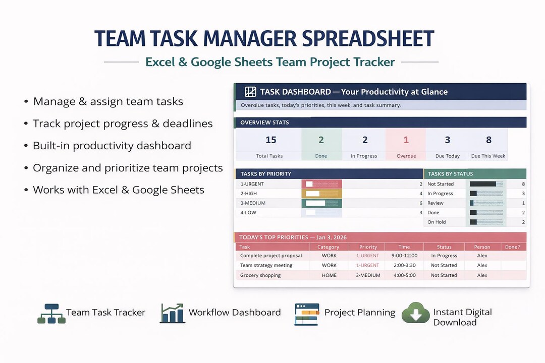 Team Task Manager Spreadsheet | Excel & Google Sheets Team Project ...
