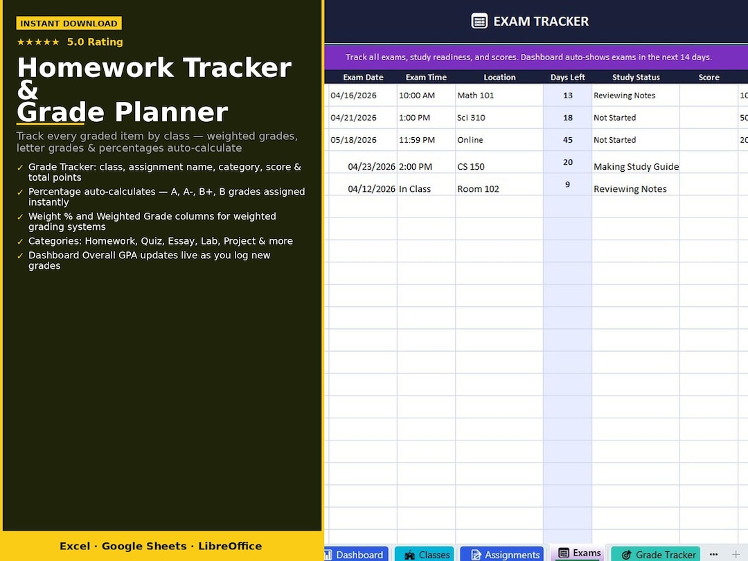Homework Tracker Spreadsheet Template | Student Assignment Organizer ...
