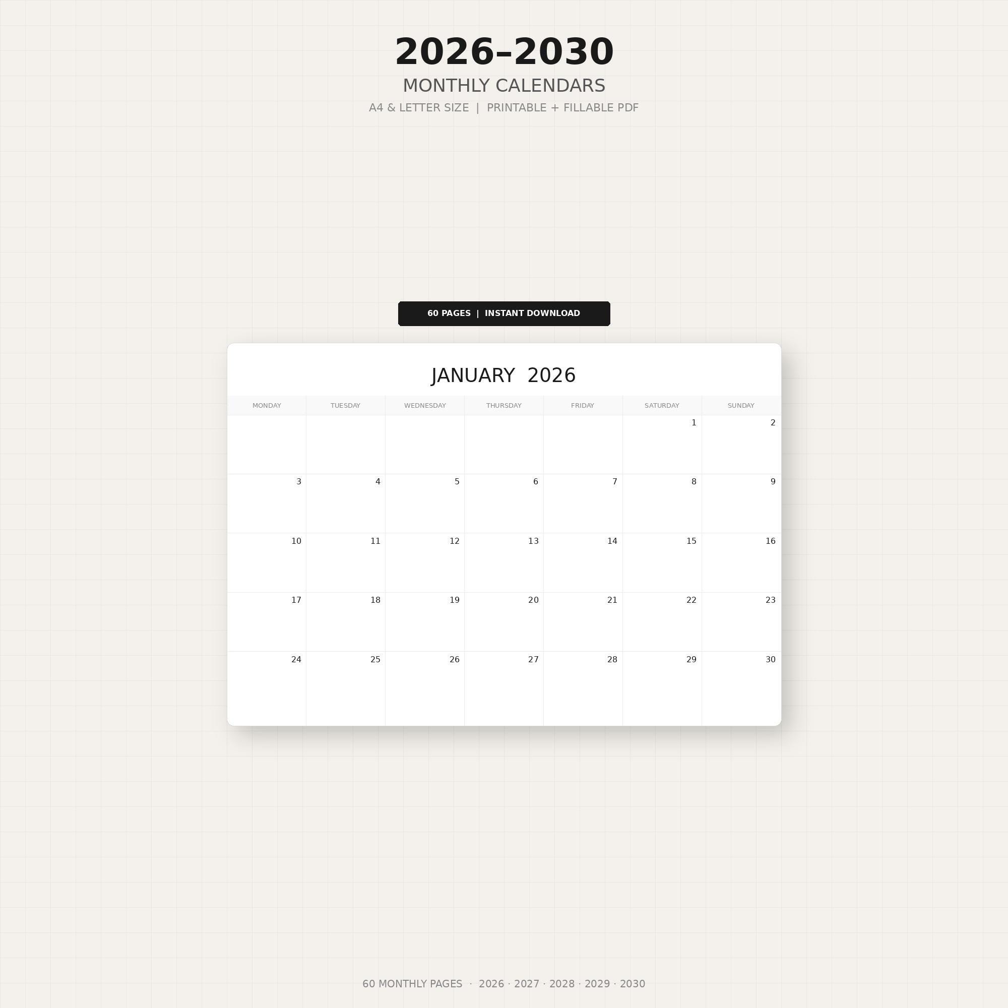 2026-2030 Monthly Calendar Printable PDF | 5 Year Planner | Letter A4 ...