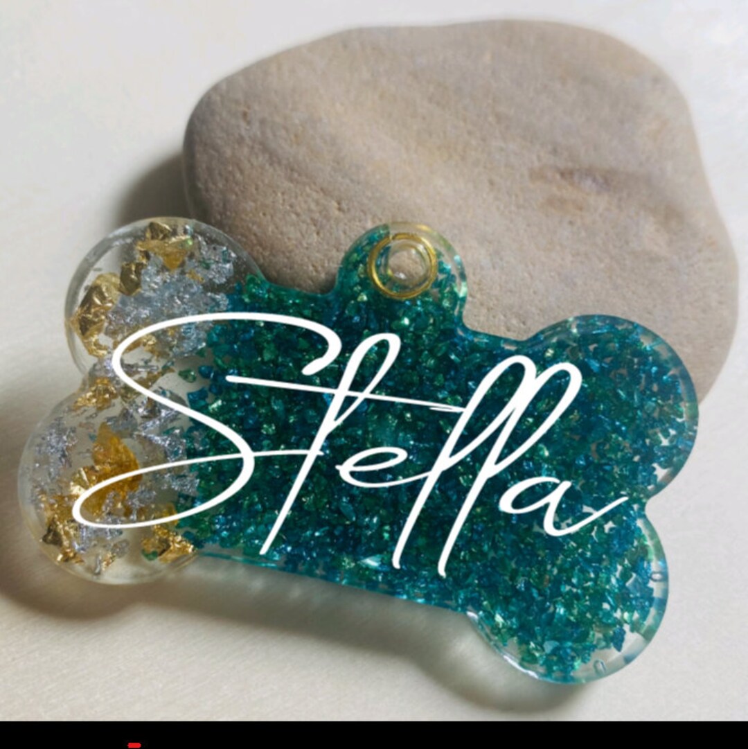 Resin Dog Tag With Gold and Silver Foil and Blue Rock Decor, 2 Sided ...