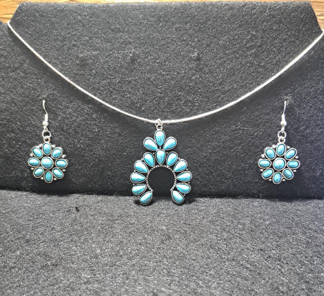 Turquoise Squash Blossom Necklace Set and Daisy Earrings, With Upside ...