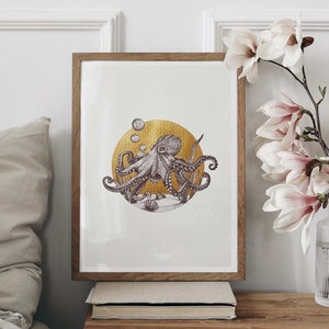 Octopus Art Print: Hand-embellished Ink Drawing With Gold Accents - Etsy