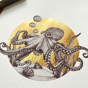 Octopus Art Print Hand-embellished, Ink Drawing, Wall Art, Wall Decor ...