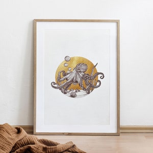 Octopus Art Print: Hand-embellished Ink Drawing With Gold Accents - Etsy