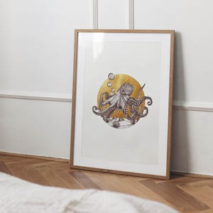 Octopus Art Print: Hand-embellished Ink Drawing With Gold Accents - Etsy