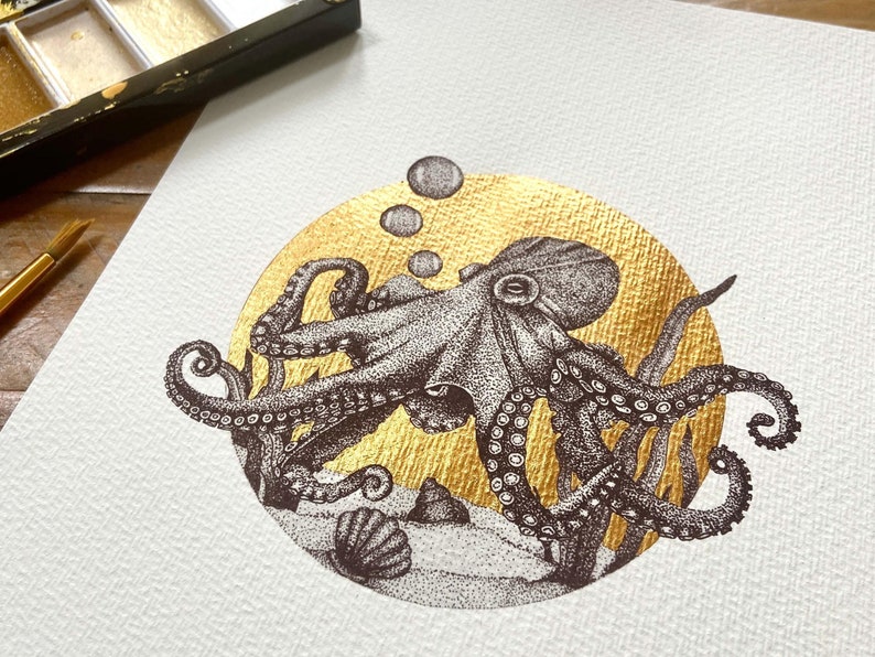 Octopus Art Print: Hand-embellished Ink Drawing With Gold Accents - Etsy