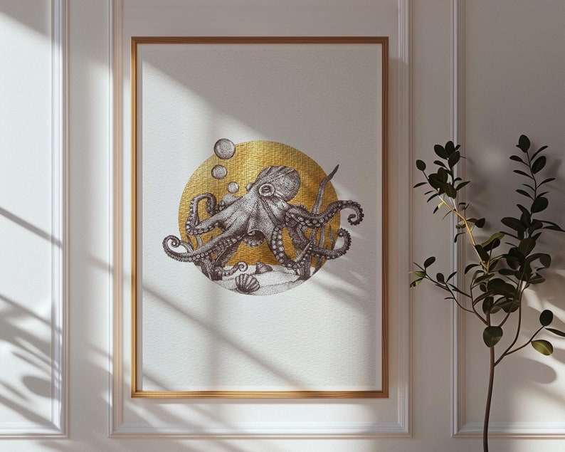 Octopus Art Print: Hand-embellished Ink Drawing With Gold Accents - Etsy