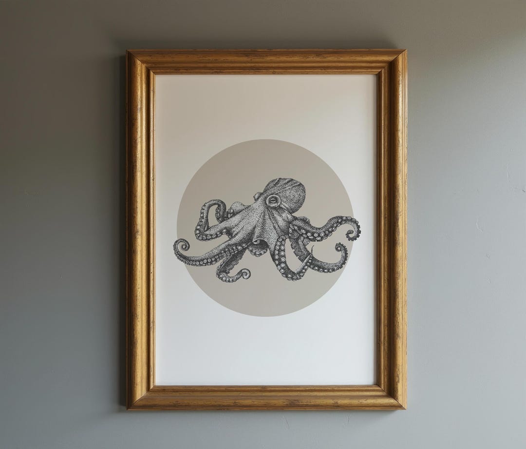 Octopus Pointillism Art Print: Nautical Black & White Ink Drawing ...