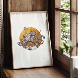 Octopus Art Print: Hand-embellished Ink Drawing With Gold Accents - Etsy