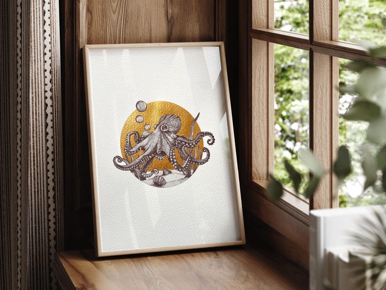 Octopus Art Print: Hand-embellished Ink Drawing With Gold Accents - Etsy