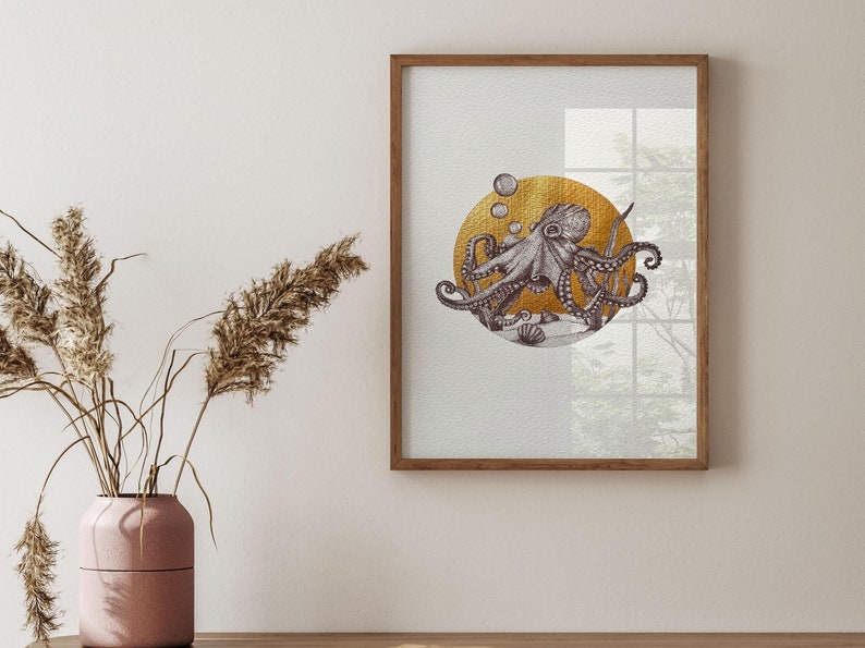 Octopus Art Print: Hand-embellished Ink Drawing With Gold Accents - Etsy