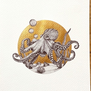 Octopus Art Print: Hand-embellished Ink Drawing With Gold Accents - Etsy