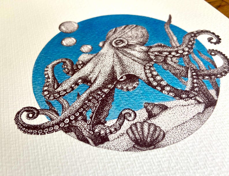 Octopus Art Print: Hand-embellished Ink Drawing With Gold Accents - Etsy