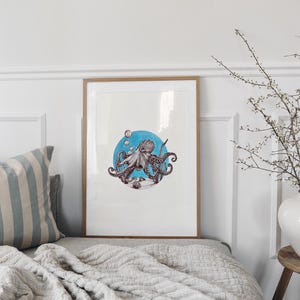 Octopus Art Print: Hand-embellished Ink Drawing With Gold Accents - Etsy
