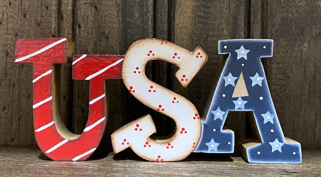USA Hand Painted Wood Letters Tiered Tray Decor Americana 4th of July ...