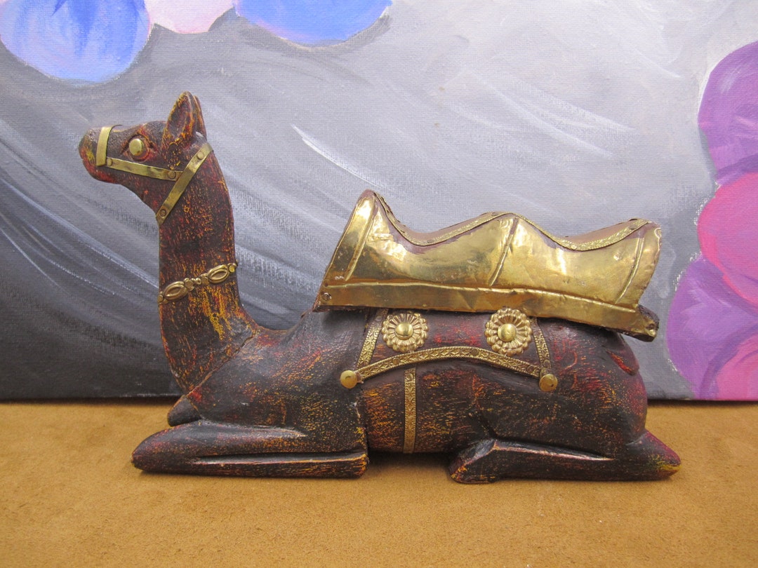 Carved Wood Camel With Brass and Copper Embellishments - Etsy