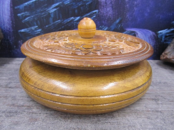 Carved Round Wood Container - Gem