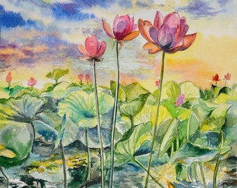 Lotus Pond Painting | Etsy