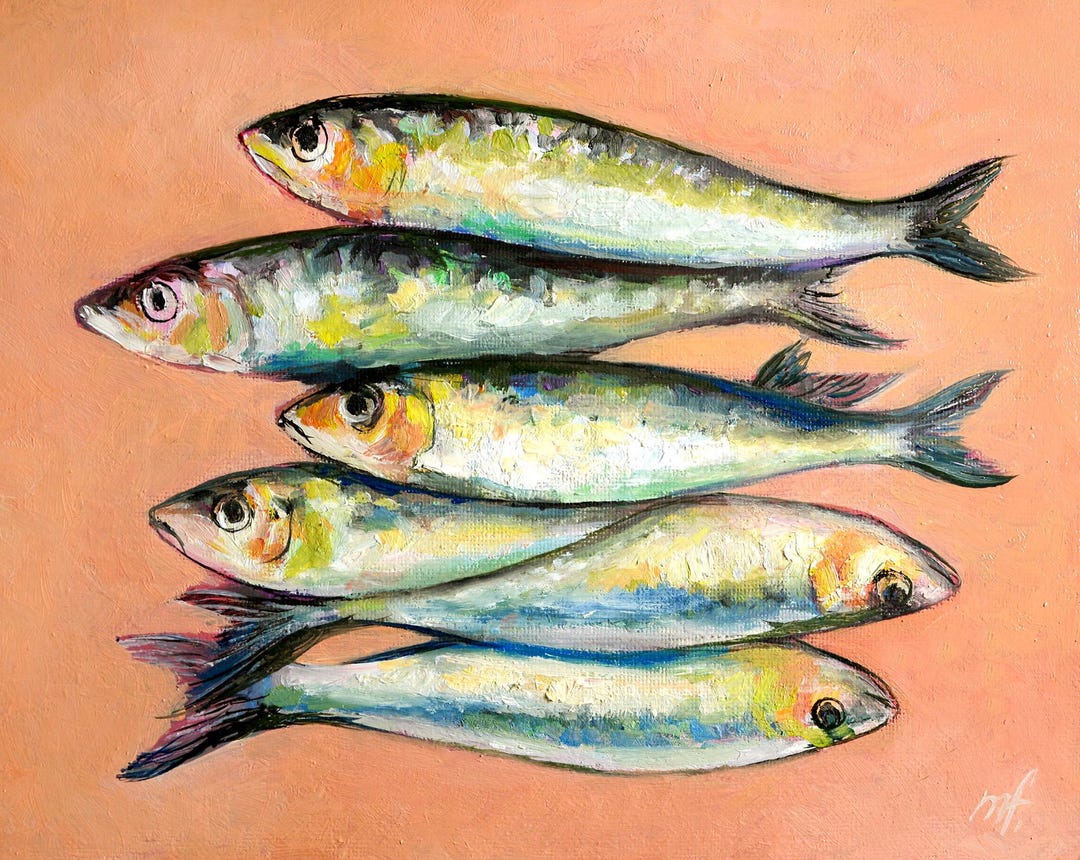Sardines on Pink – Original Oil Painting, Colorful Fish Kitchen Wall ...