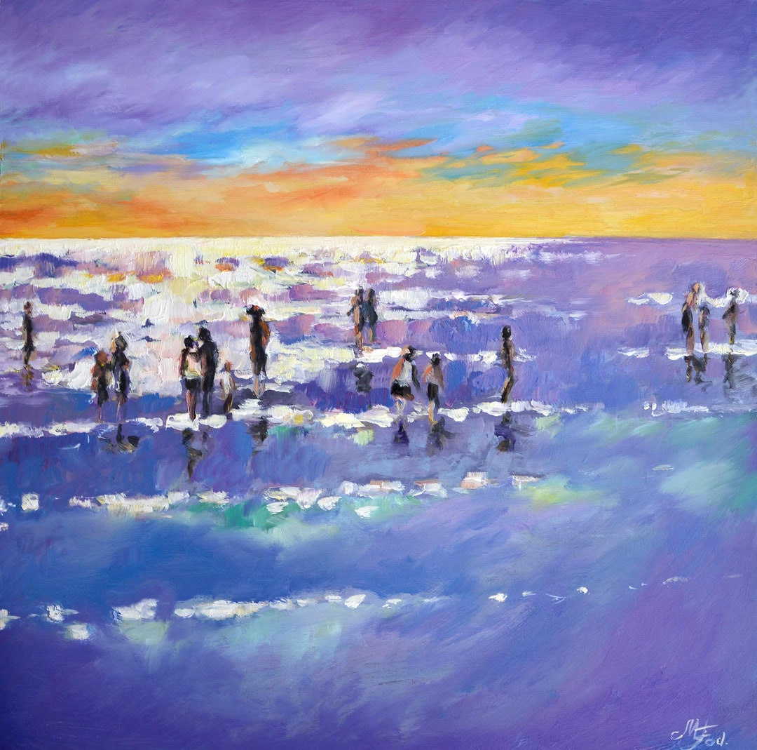 People at the Beach Painting, Ocean Artwork, Sunset Oil Painting, Wall Art - Etsy