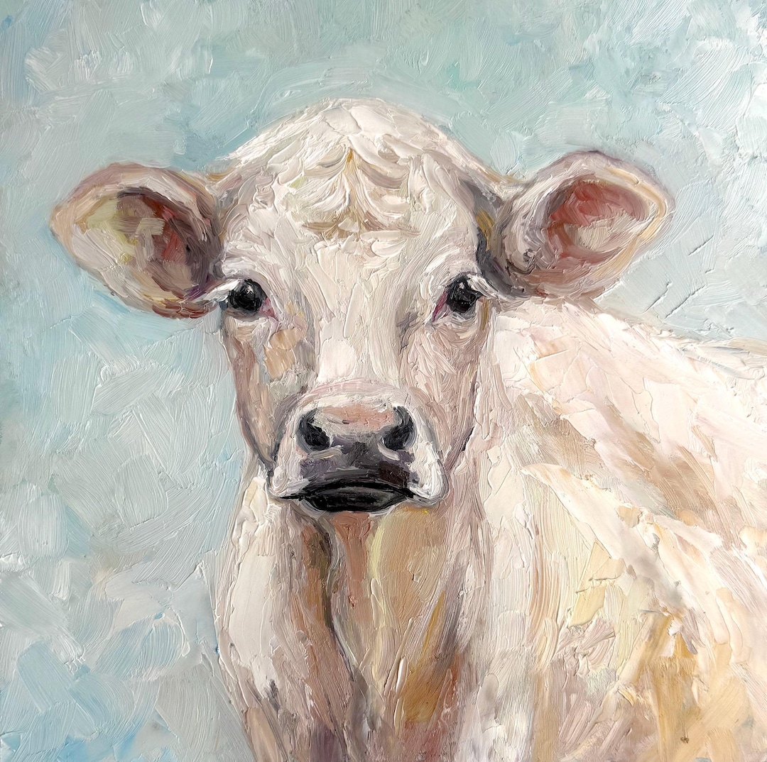 White Cow Portrait, Original Impasto Oil Painting, Farmhouse Animal ...