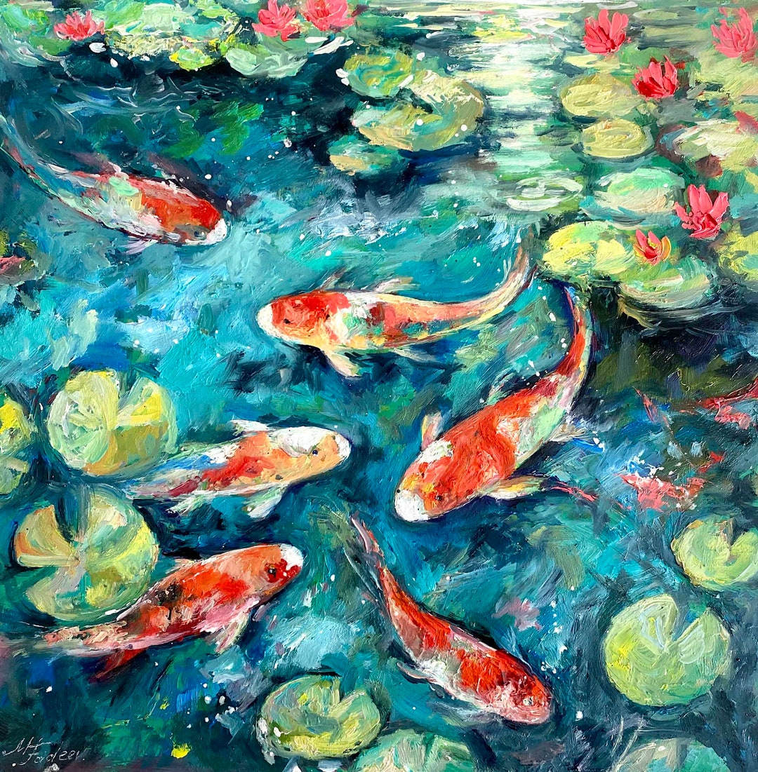 Original Impasto Oil Painting of Koi Fish in Water Lilies Pond Art - Etsy